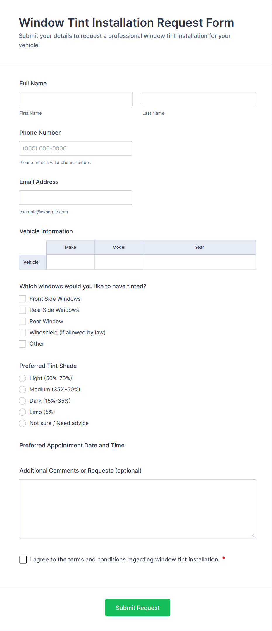 Window Tint Installation Request Form Template | Jotform
