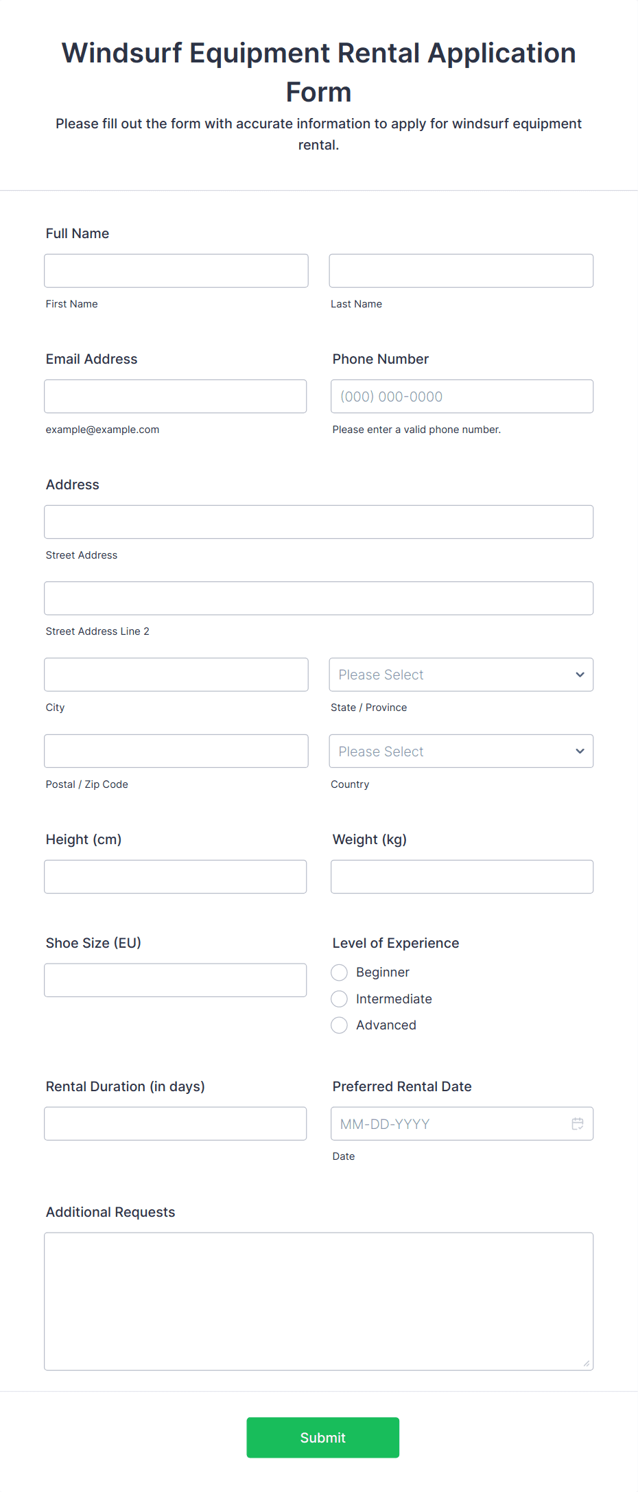 Windsurf Equipment Rental Application Form Template | Jotform