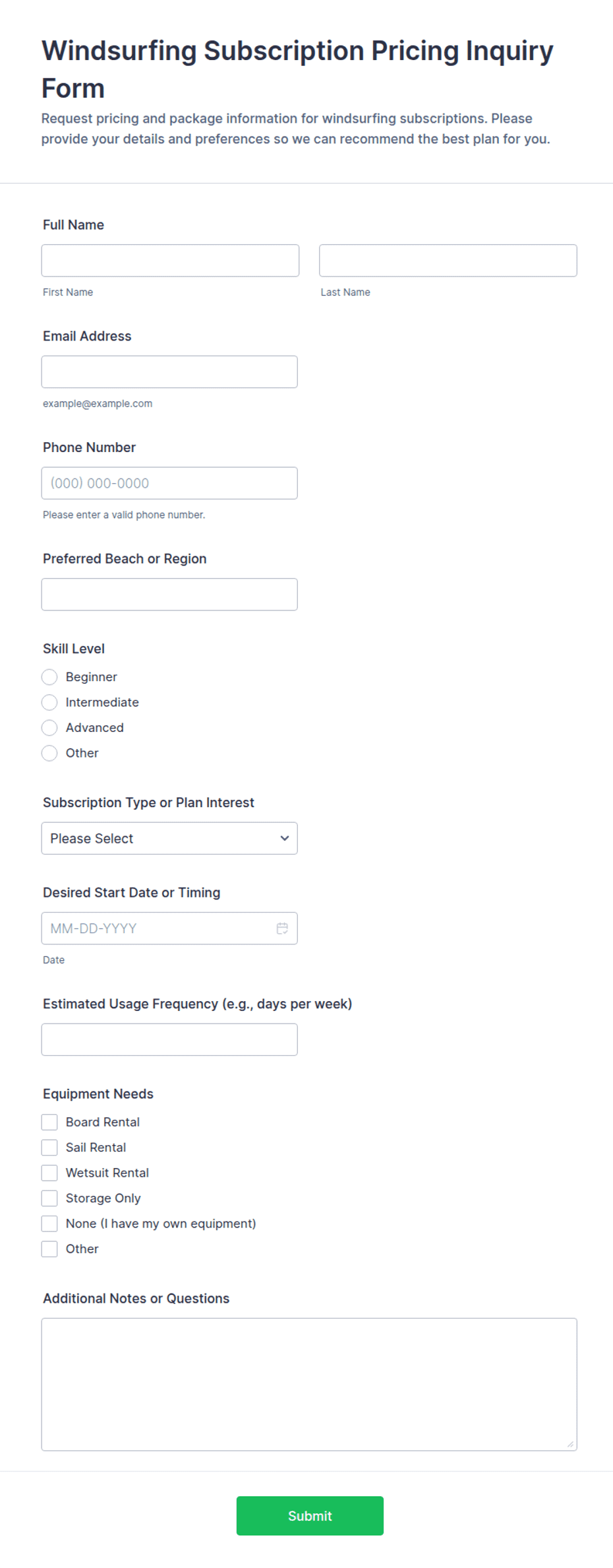 Windsurfing Subscription Pricing Inquiry Form Template | Jotform