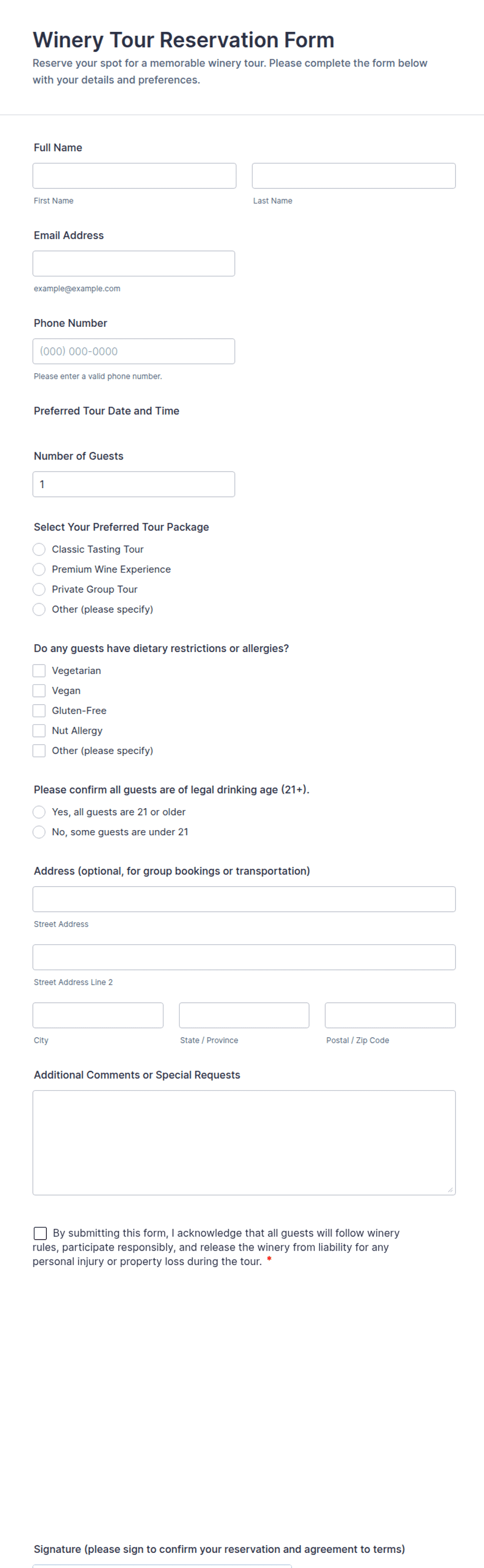 Winery Tour Reservation Form Template | Jotform