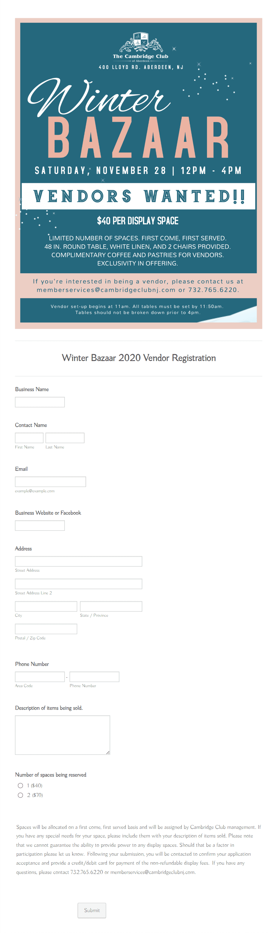 Winter Bazaar 2021 Vendor Registration Form Template | Jotform