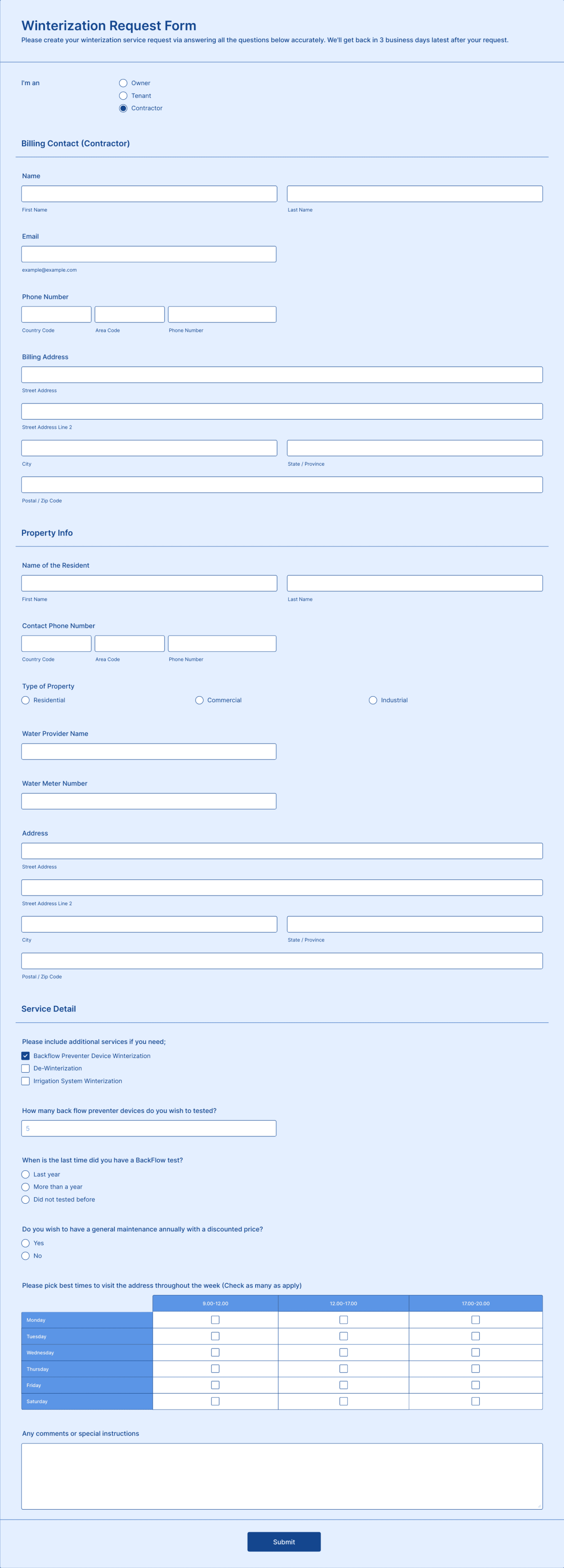 Winterization Request Form Template | Jotform