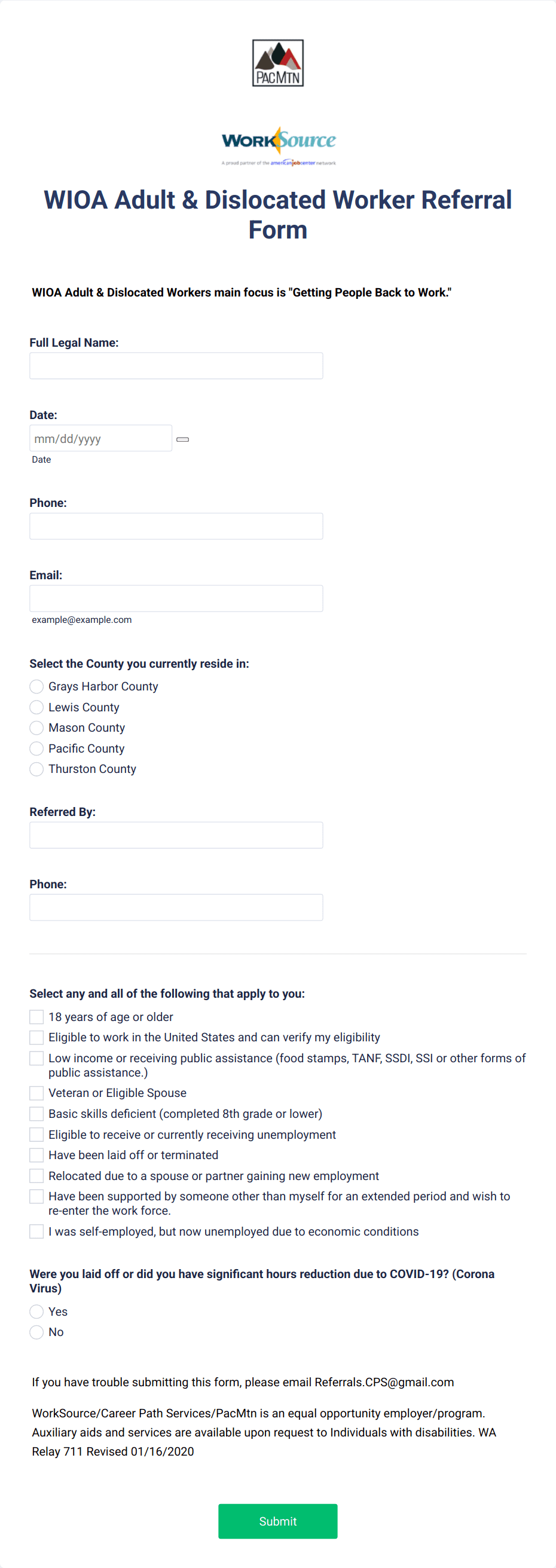 WIOA Adult &Dislocated Worker Referral Form Template | Jotform