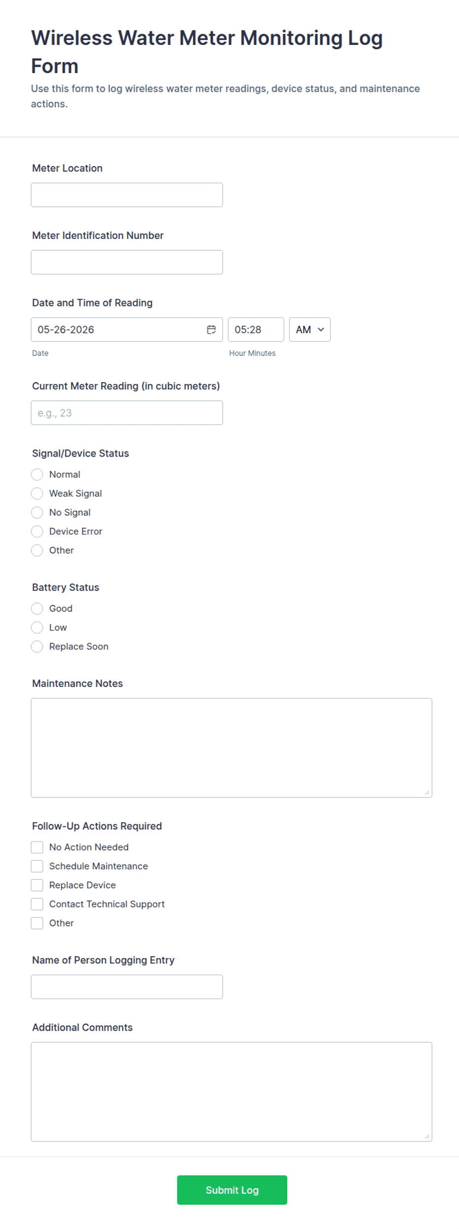 Wireless Water Meter Monitoring Log Form Template | Jotform
