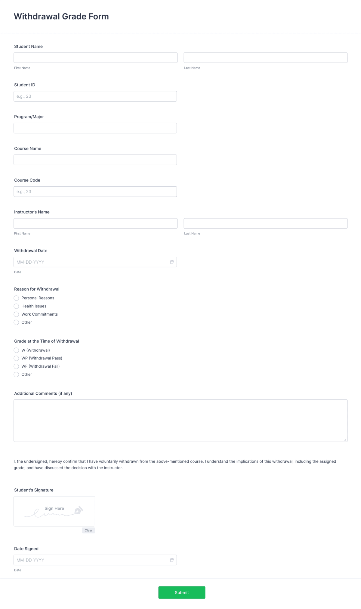 Withdrawal Grade Form Template | Jotform