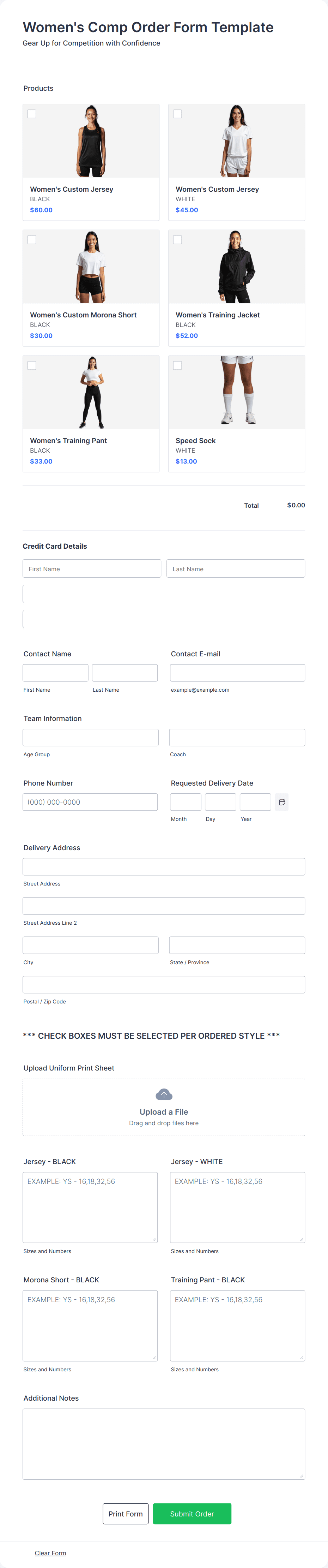 Women's Comp Order Form Template | Jotform