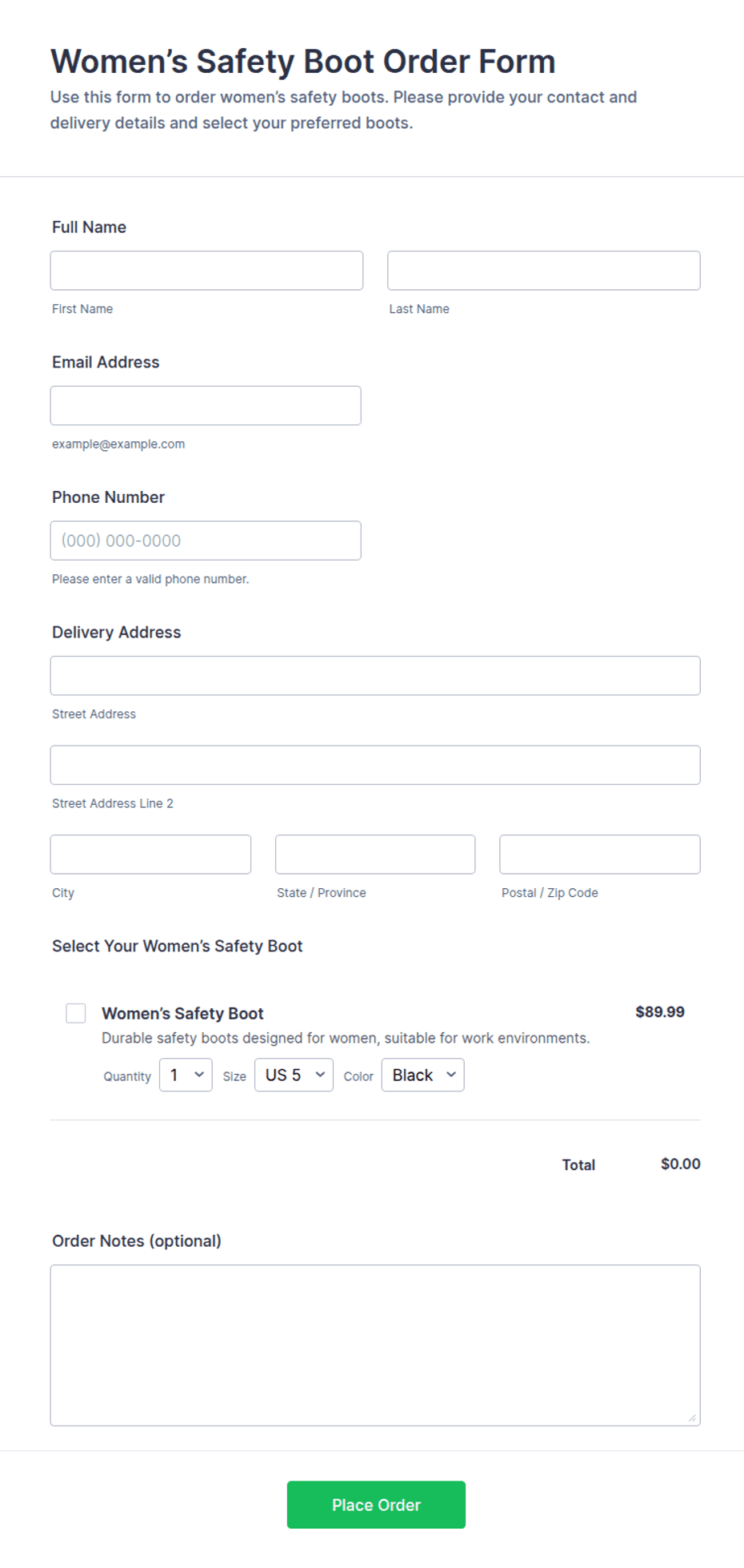 Women’s Safety Boot Order Form Template | Jotform