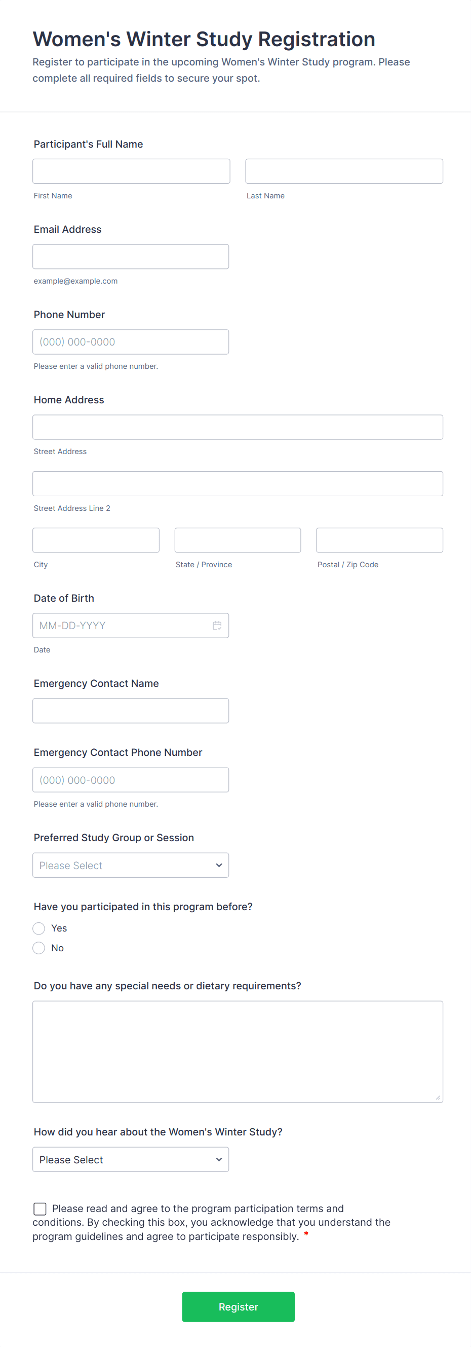Women's Winter Study Registration Form Template | Jotform