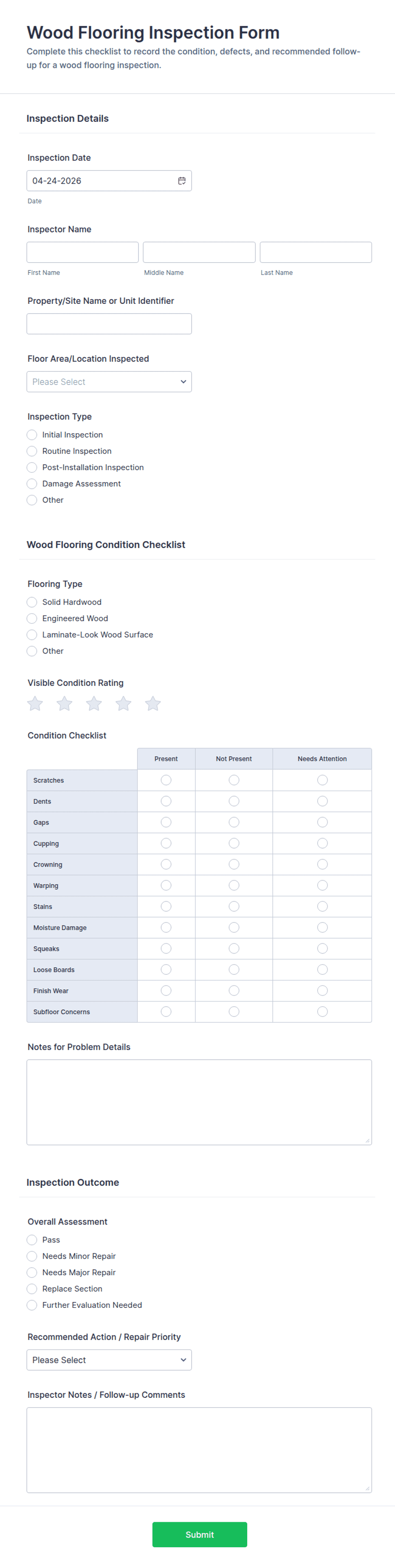 Wood Flooring Inspection Checklist Form Template | Jotform