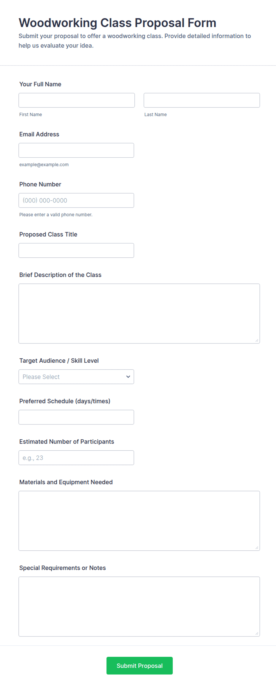 Woodworking Class Proposal Form Template | Jotform