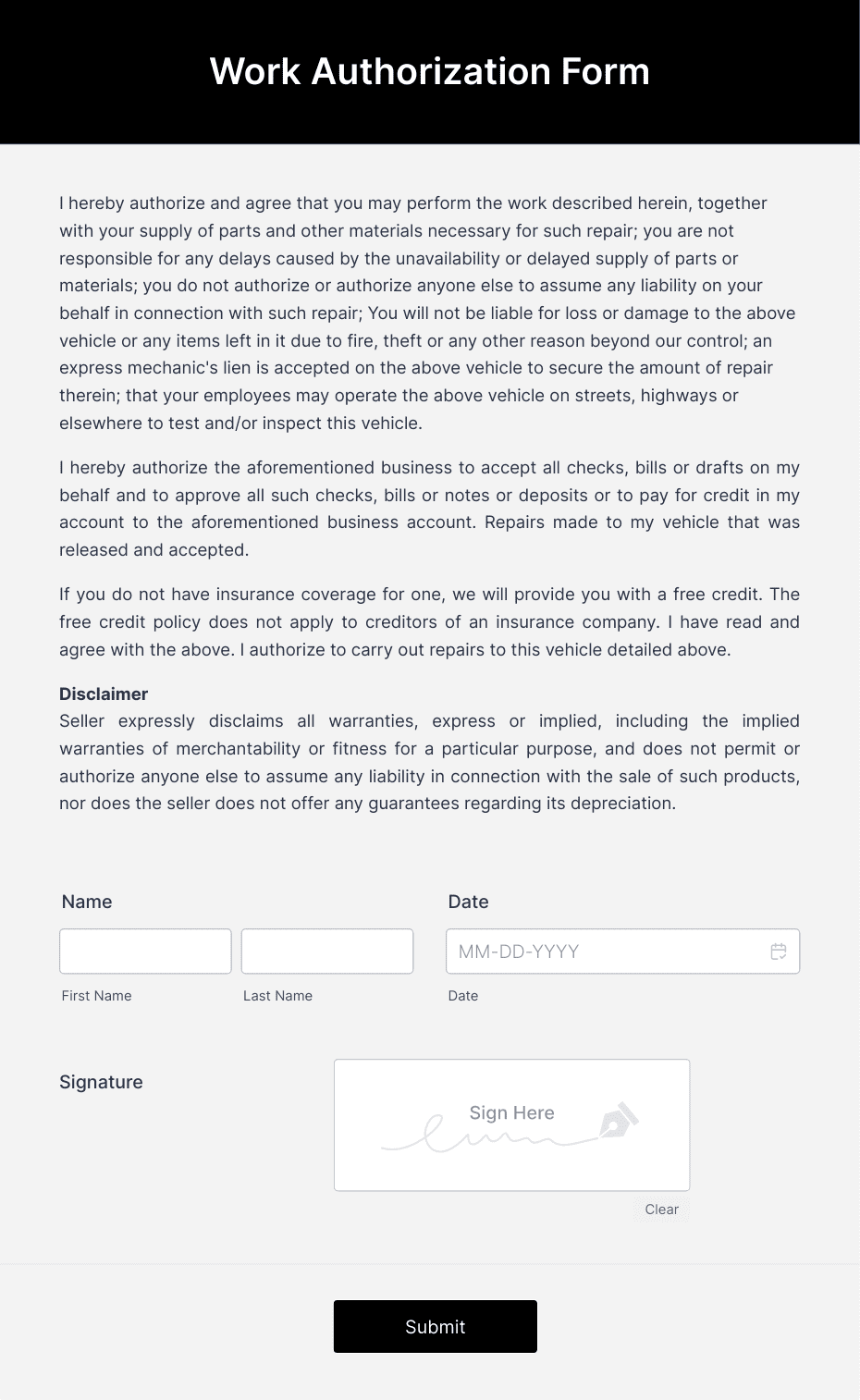 Work Authorization Form Template | Jotform