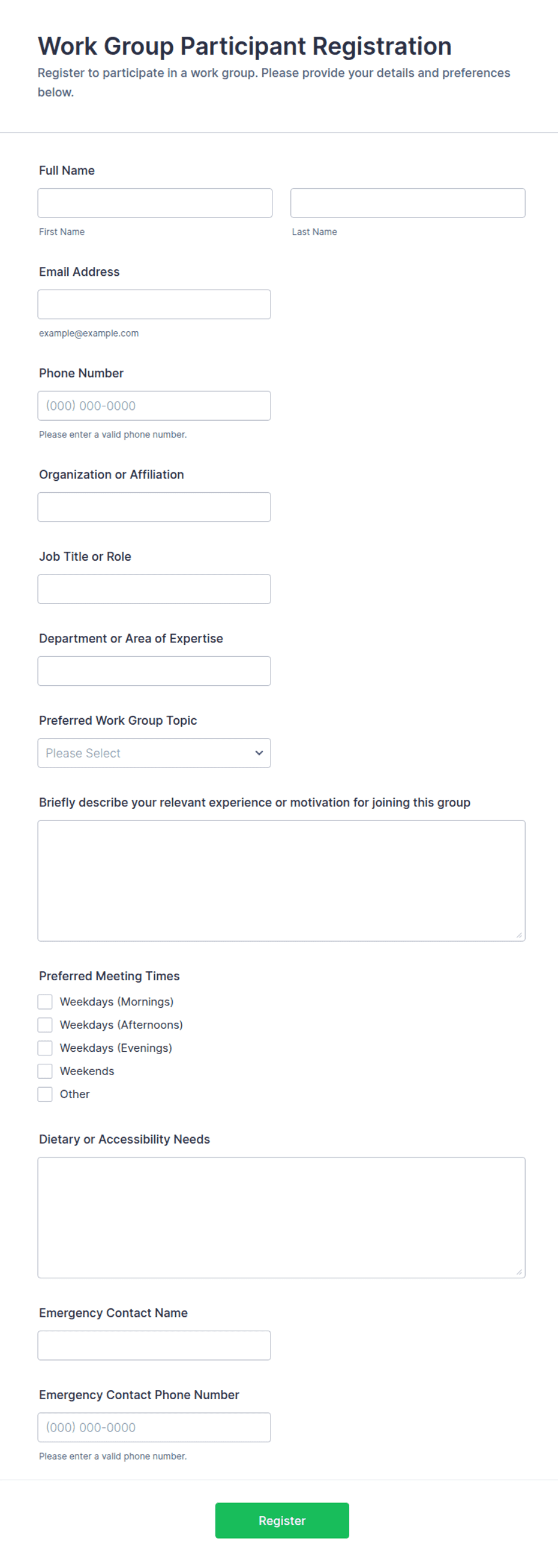 Work Group Participant Registration Form Template | Jotform