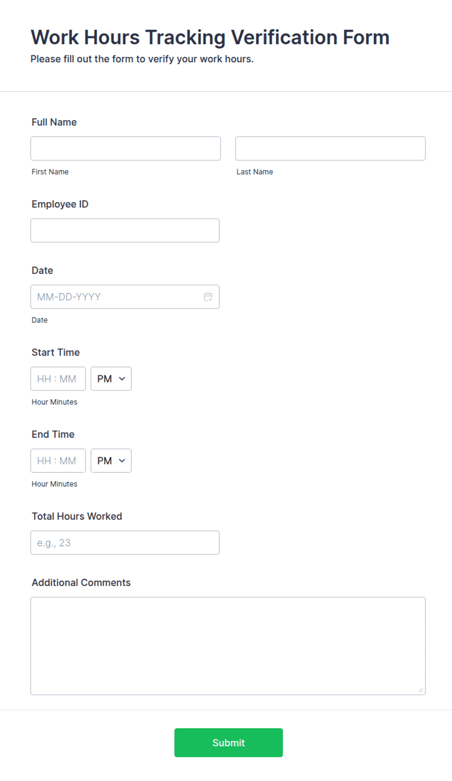 Work Hours Tracking Verification Form Template | Jotform