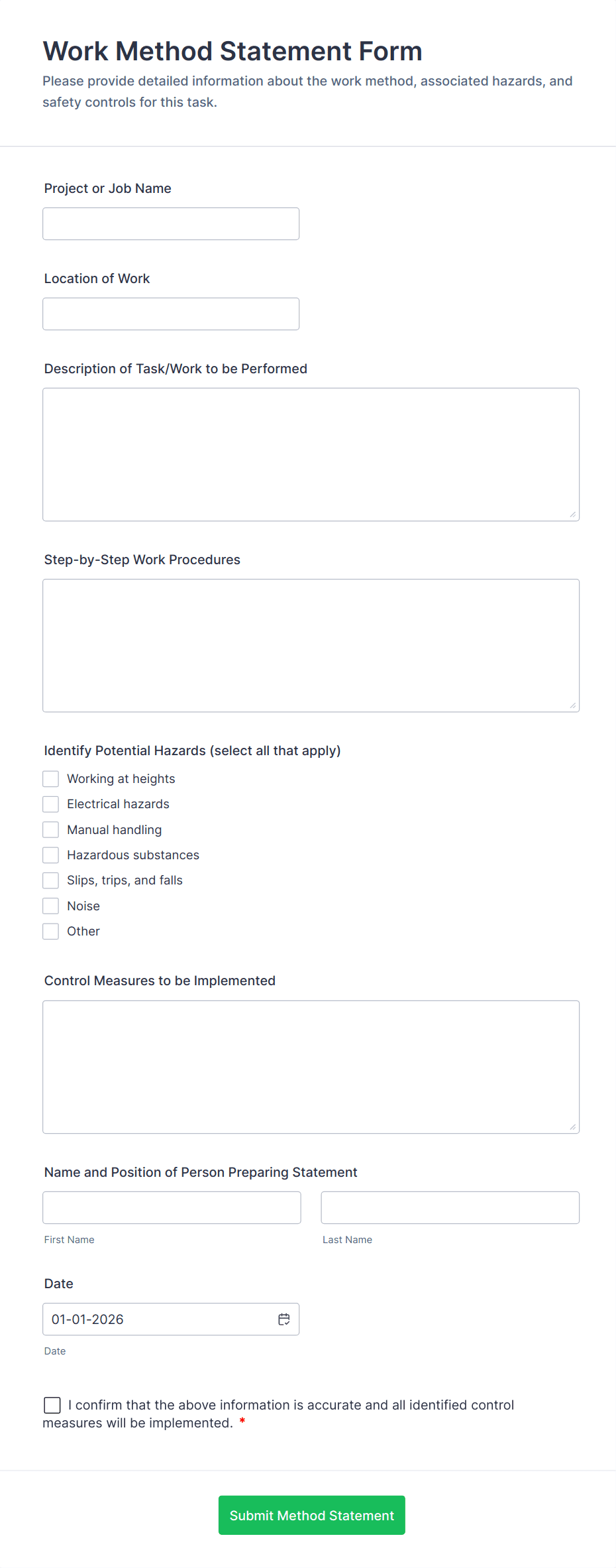 Work Method Statement Form Template | Jotform