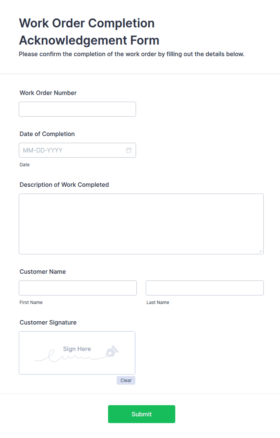 Work Order Completion Acknowledgement Form Template | Jotform