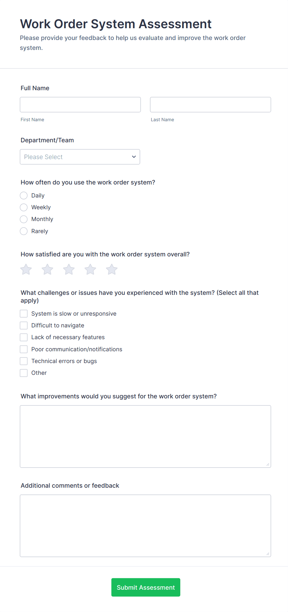 Work Order System Assessment Form Template | Jotform
