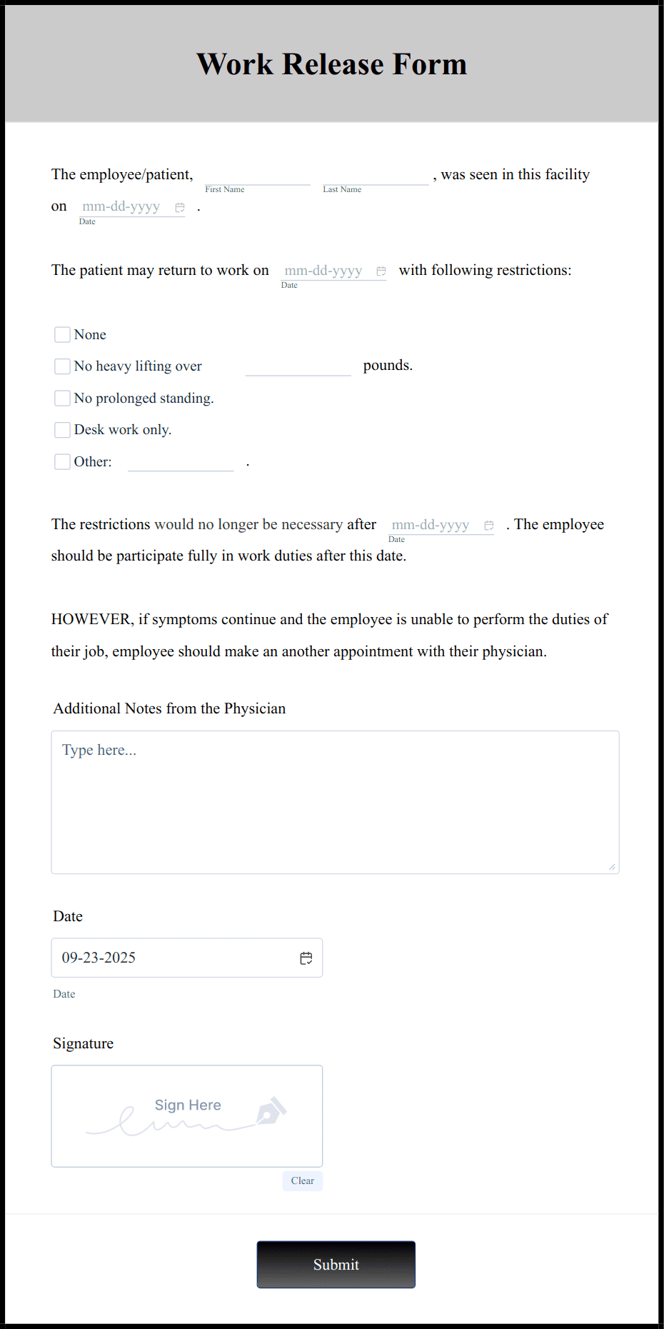 Work Release Form Template | Jotform