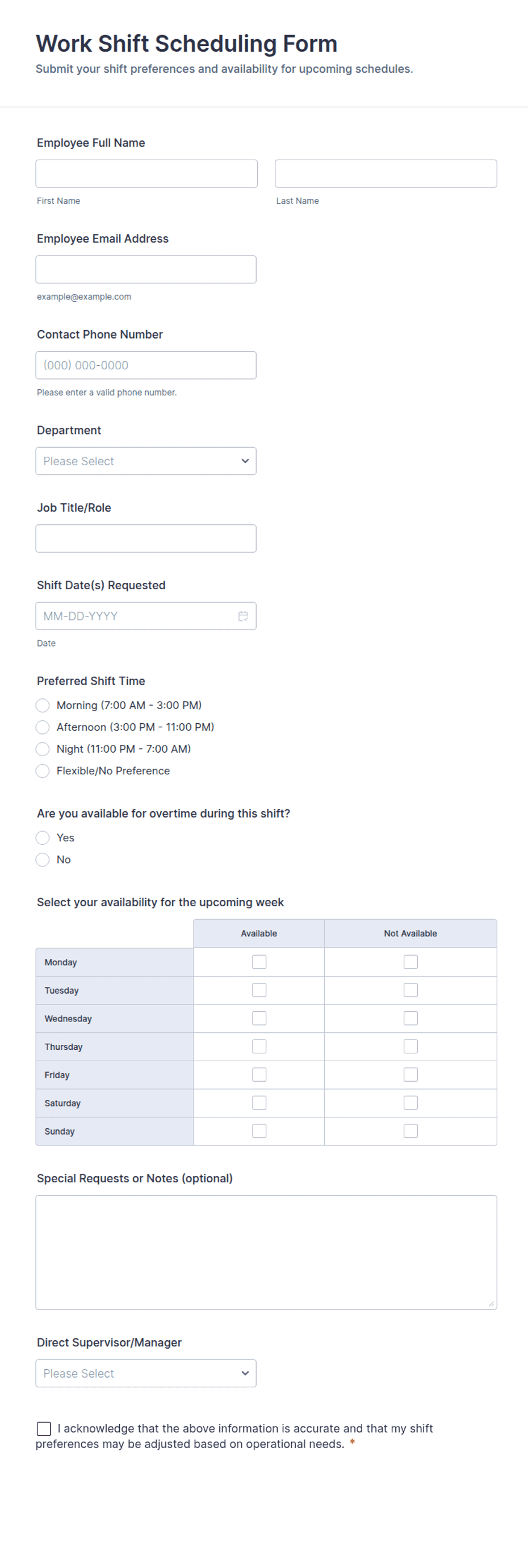 Work Shift Scheduling Form Template | Jotform
