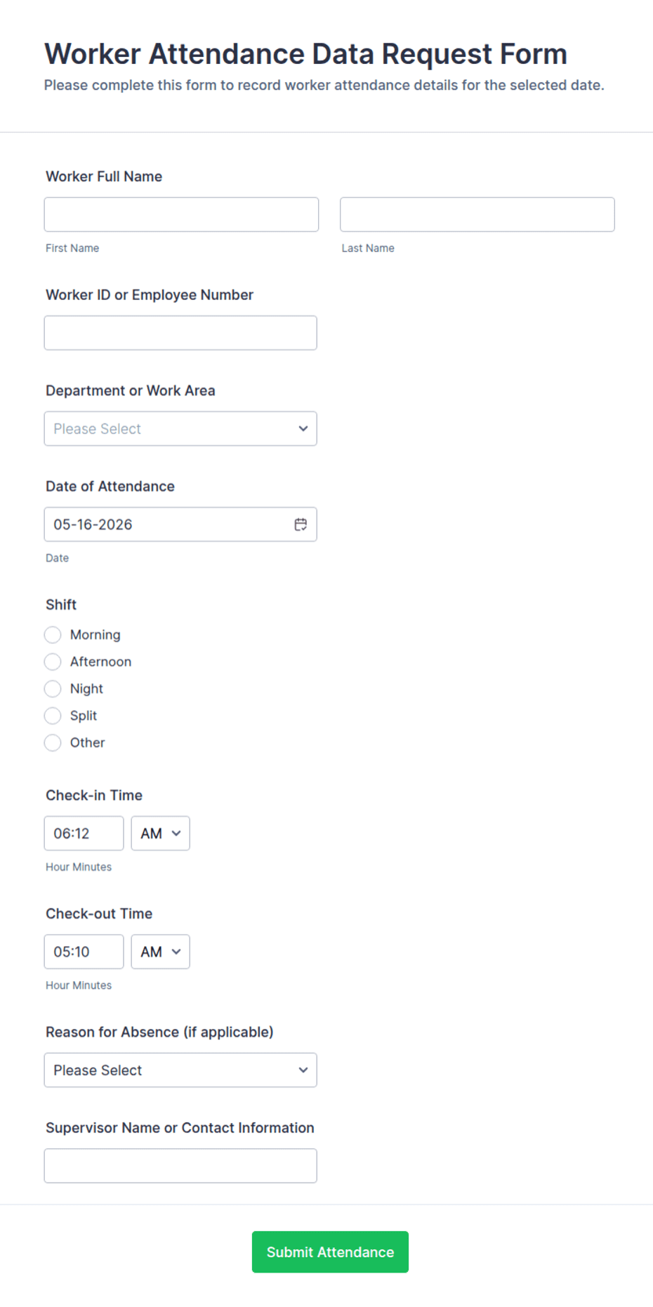 Worker Attendance Data Request Form Template | Jotform