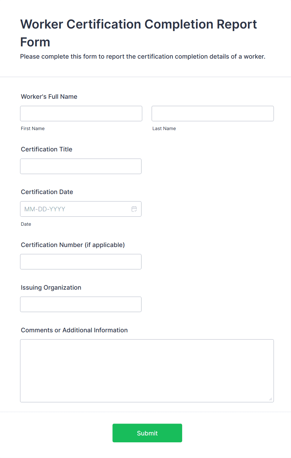 Worker Certification Completion Report Form Template | Jotform