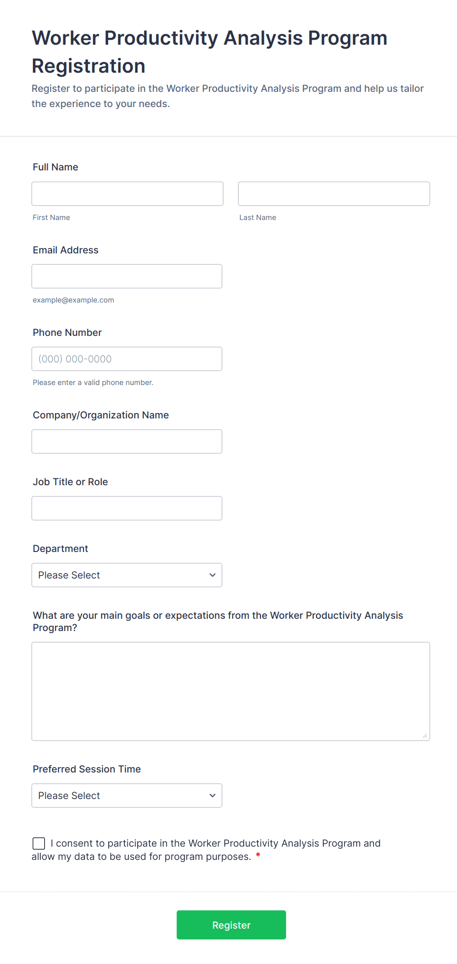 Worker Productivity Analysis Program Registration Form Template | Jotform