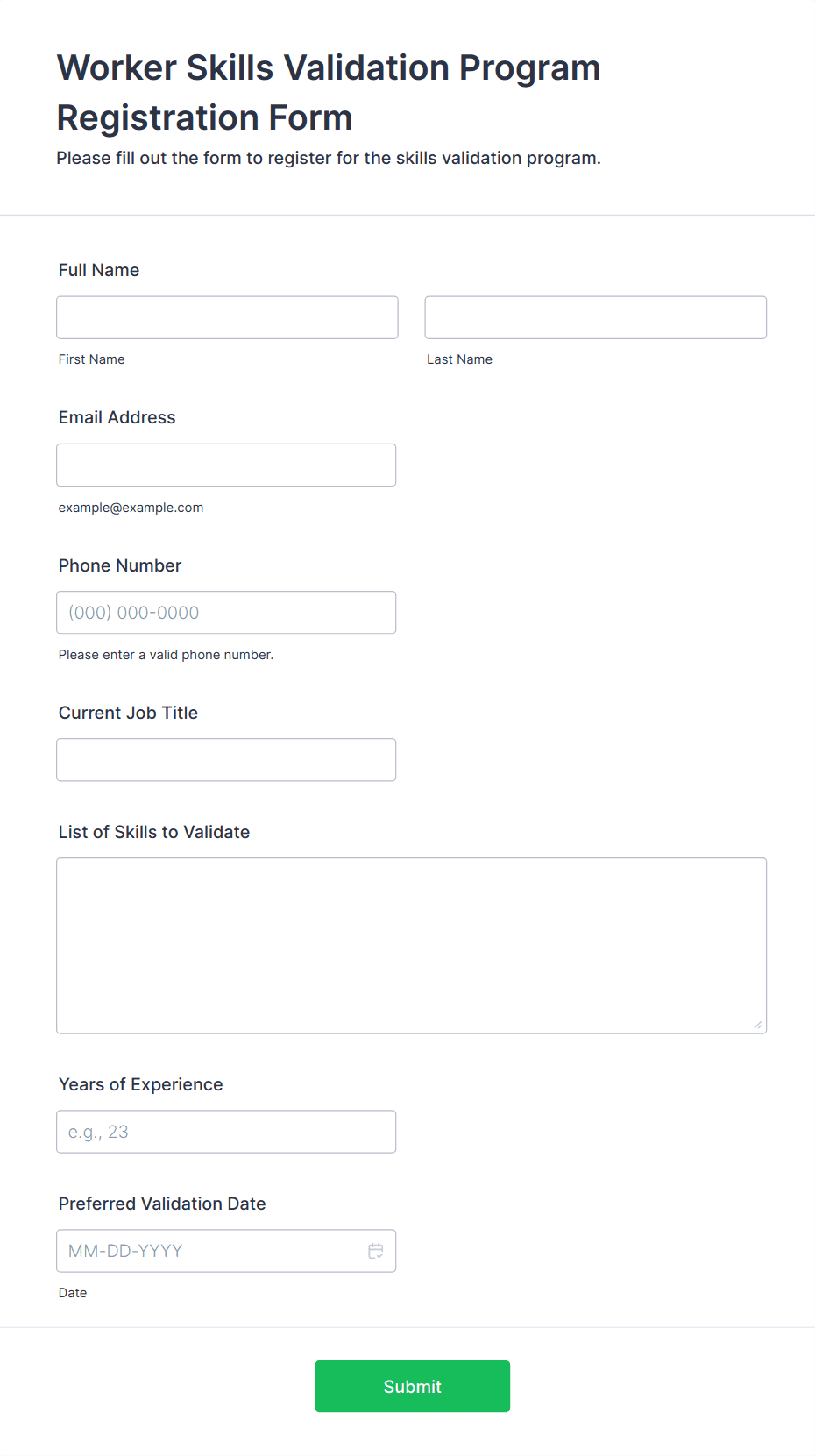 Worker Skills Validation Program Registration Form Template | Jotform