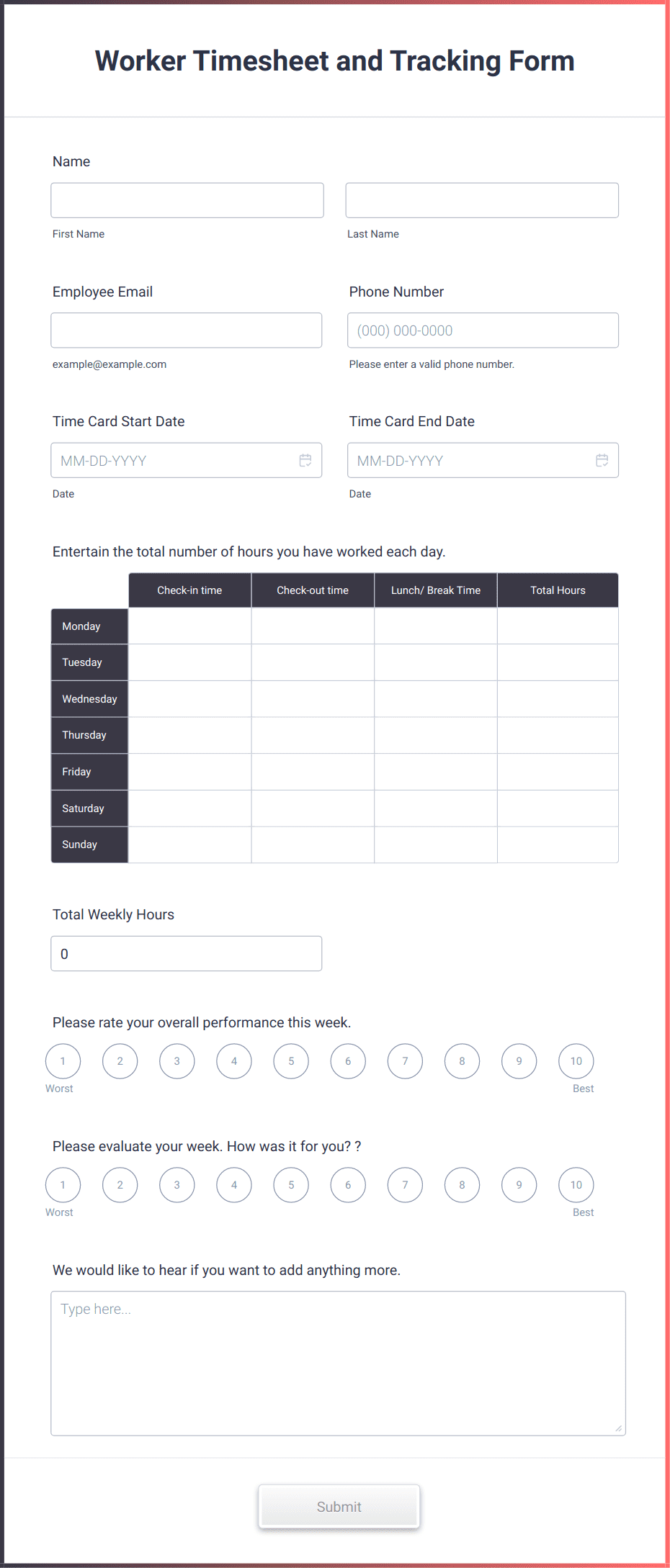 Worker Timesheet and Tracking Form Form Template | Jotform