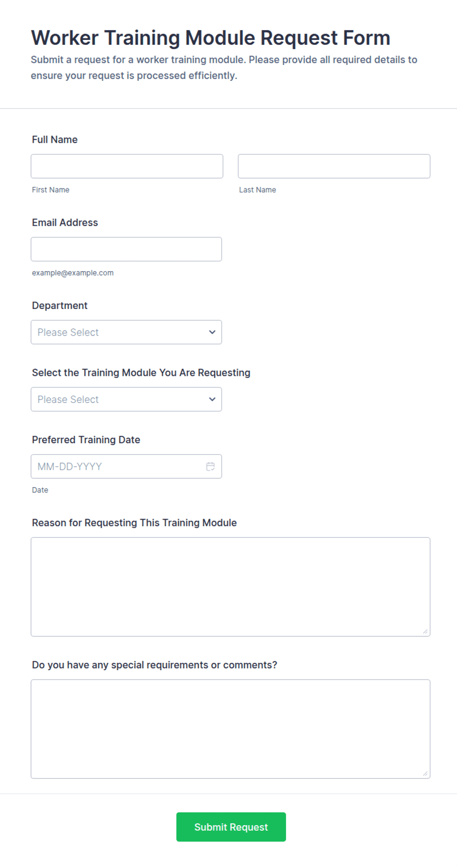 Worker Training Module Request Form Template | Jotform