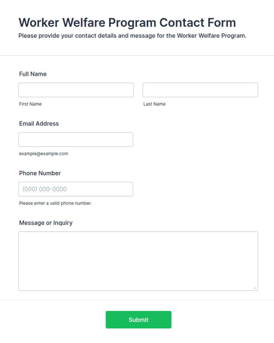 Worker Welfare Program Contact Form Template | Jotform