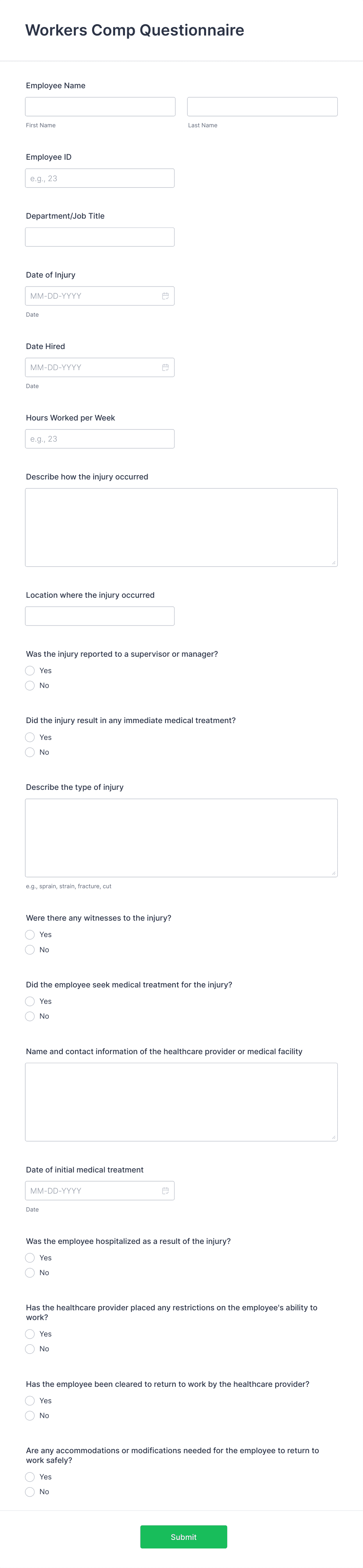 Workers Comp Questionnaire Form Template | Jotform