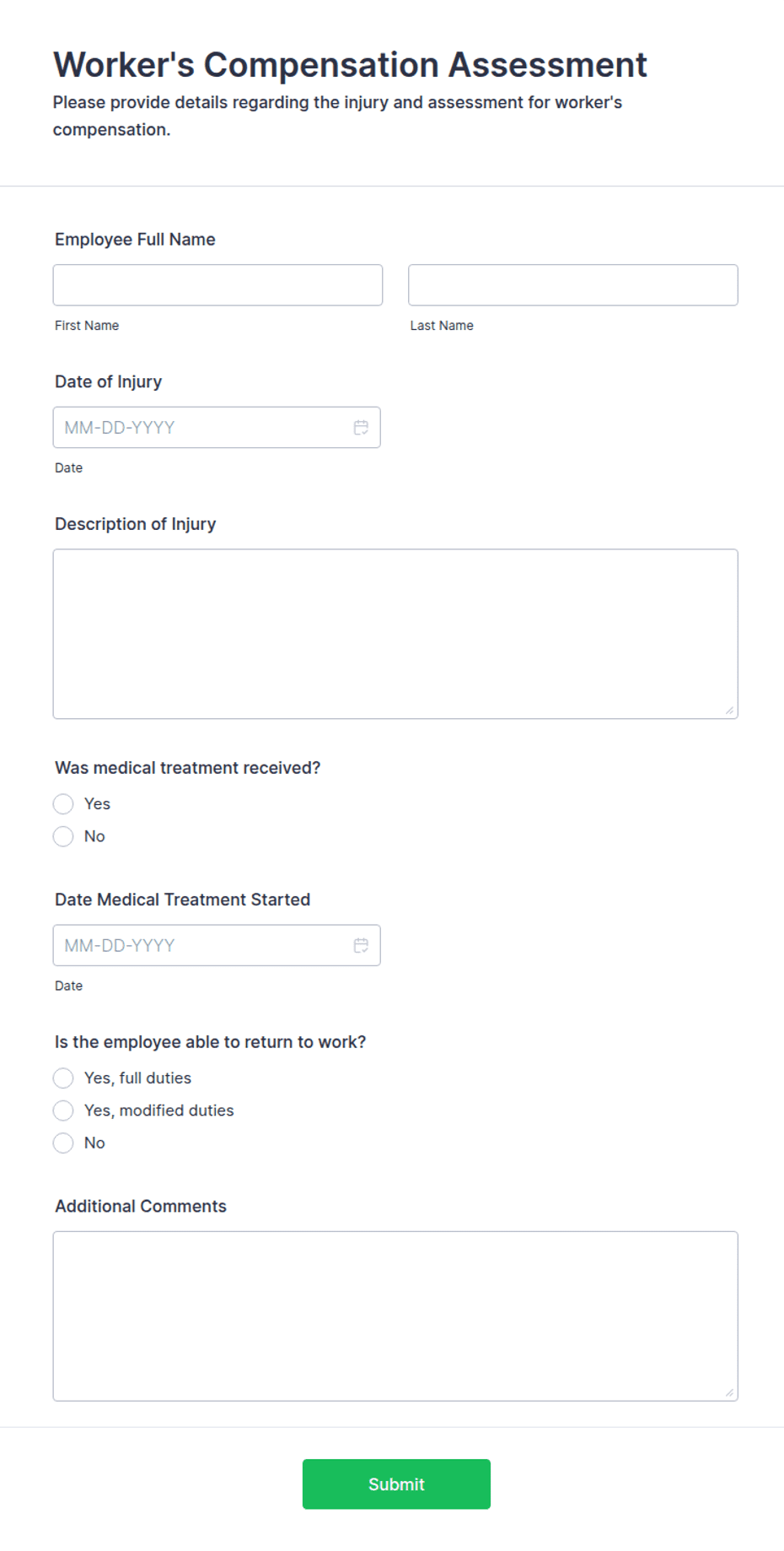Worker's Compensation Assessment Form Template | Jotform