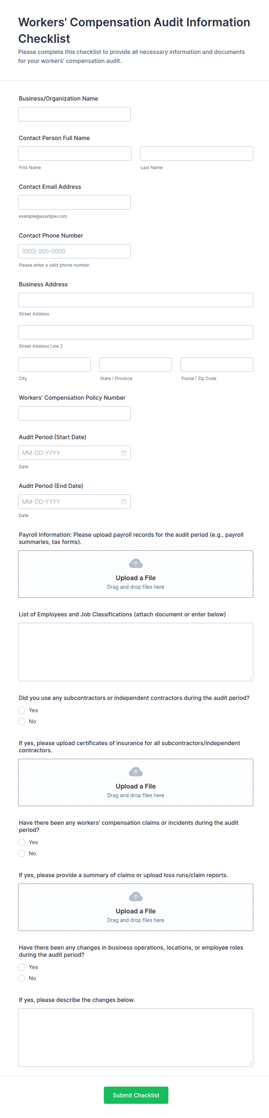 Workers' Compensation Audit Information Checklist Form Template | Jotform