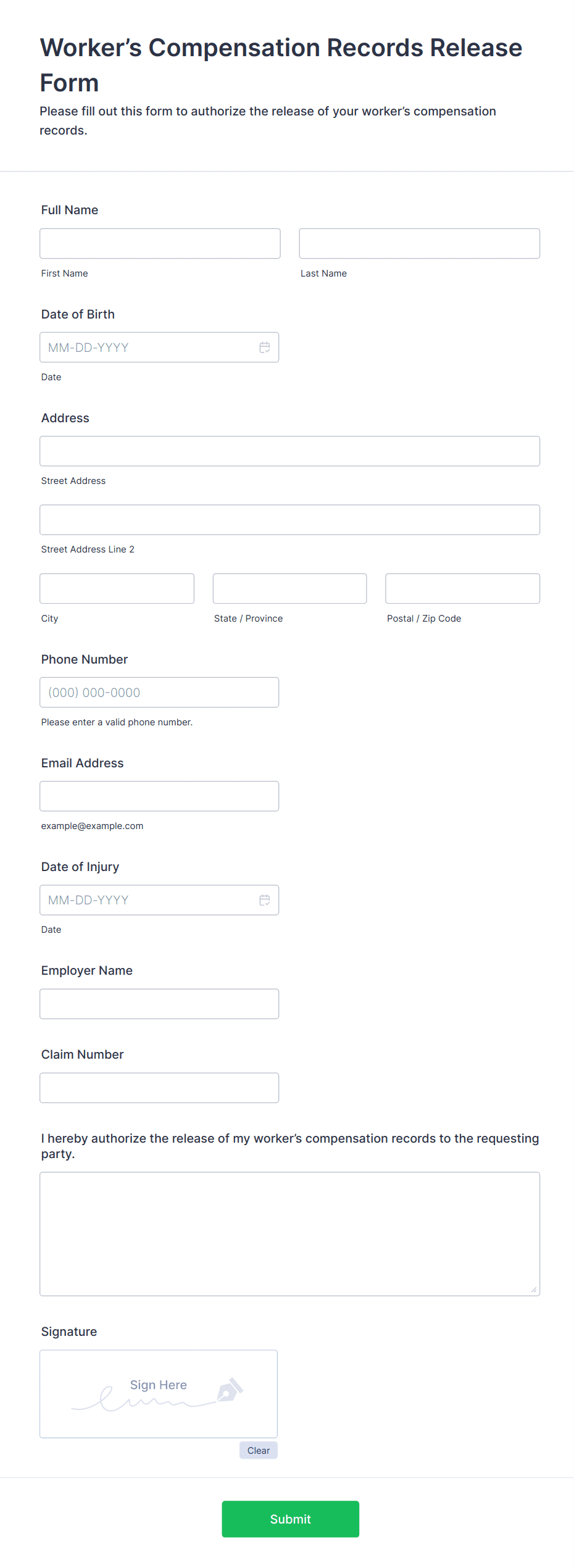 Worker’s Compensation Records Release Form Template | Jotform