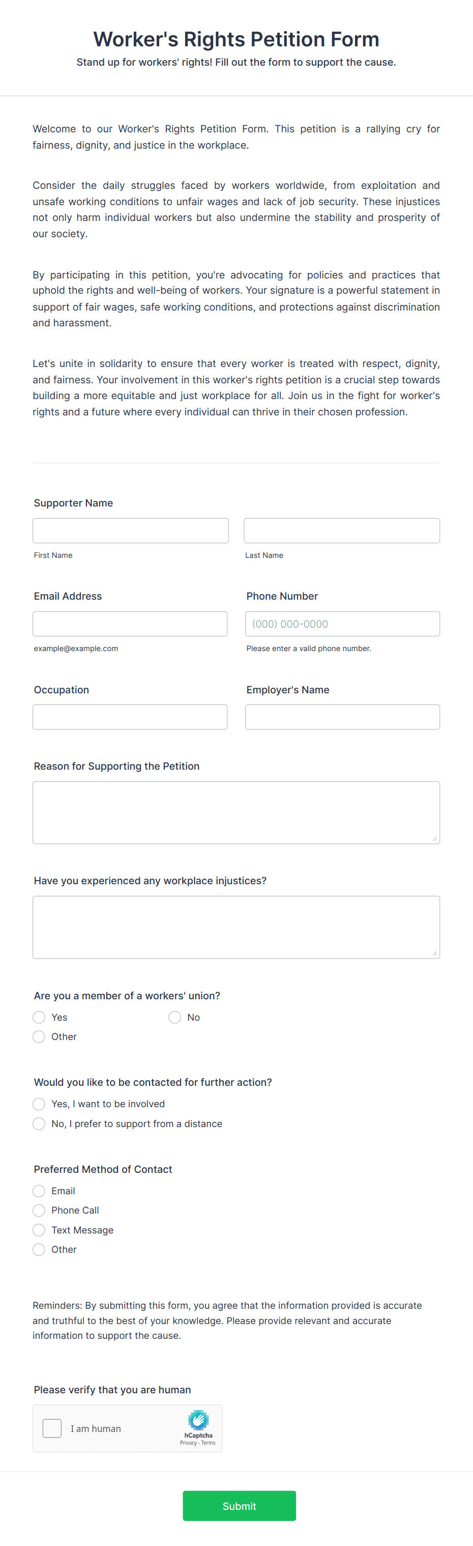 Worker's Rights Petition Form Template | Jotform
