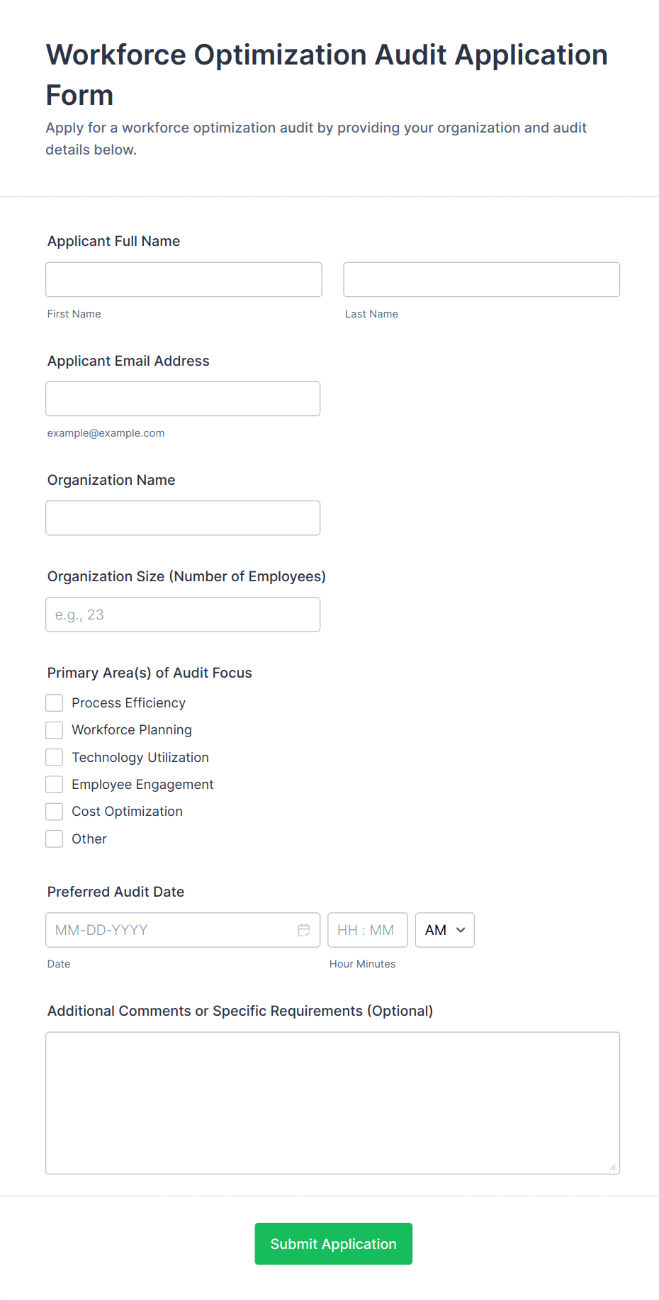 Workforce Optimization Audit Application Form Template | Jotform