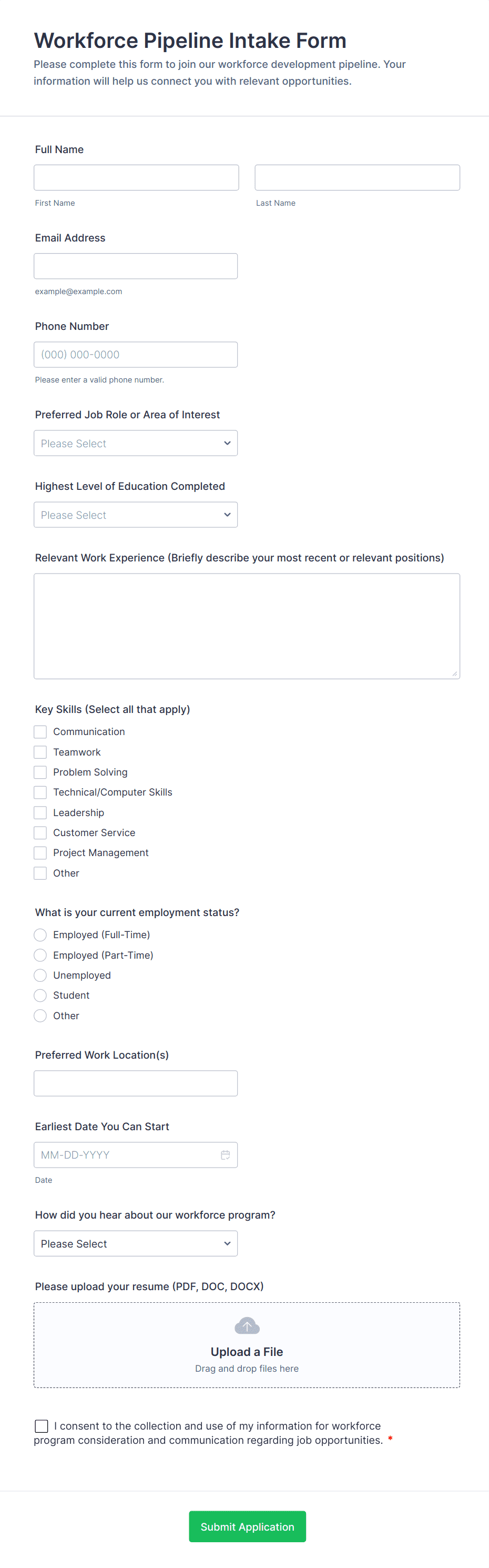 Workforce Pipeline Intake Form Template | Jotform