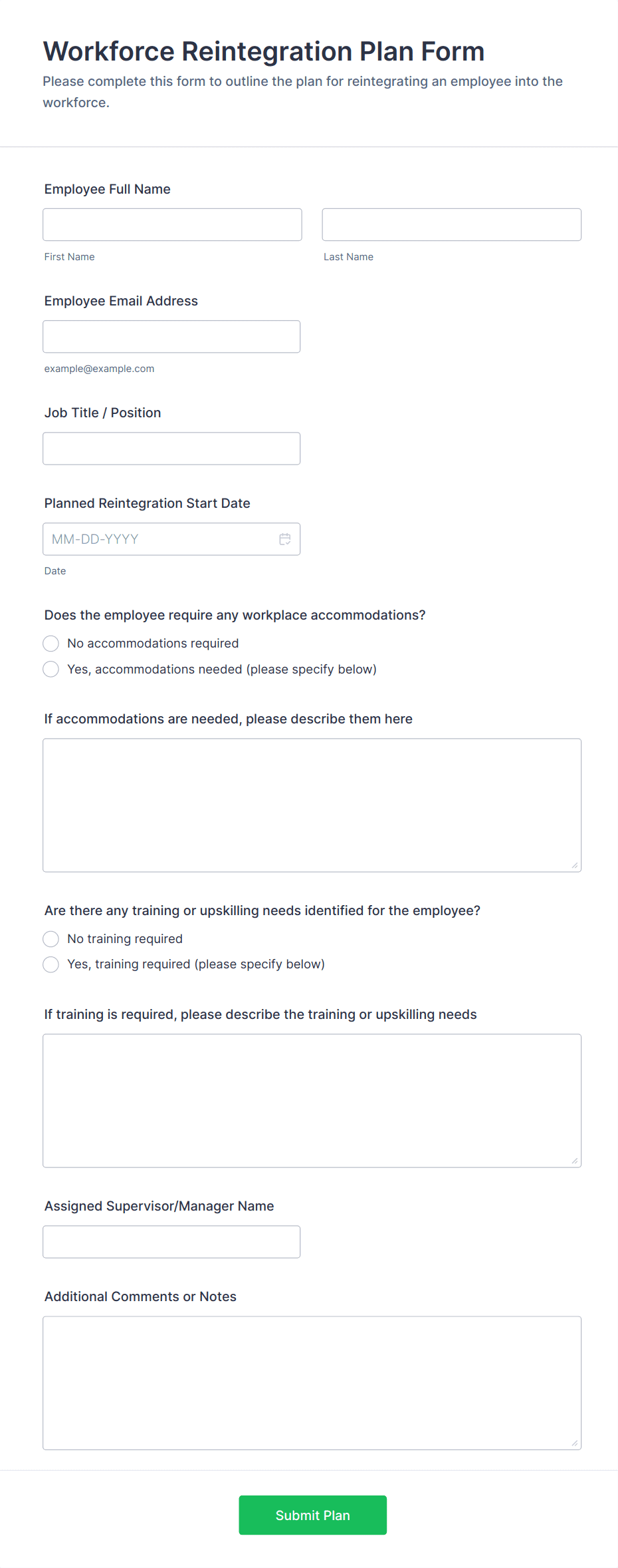 Workforce Reintegration Plan Form Template | Jotform