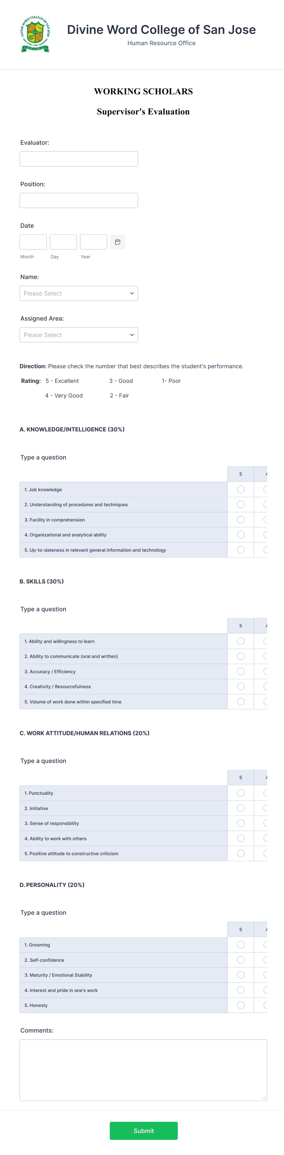 Working Scholar Supervisor Evaluation Form Template | Jotform
