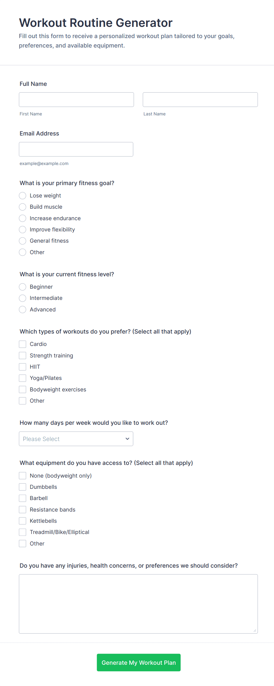 Workout Routine Generator Form Template | Jotform