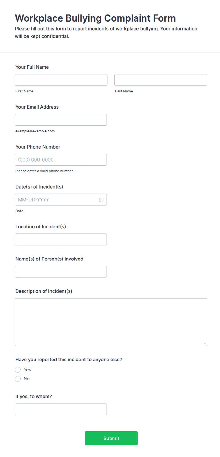 Workplace Bullying Complaint Form Template | Jotform