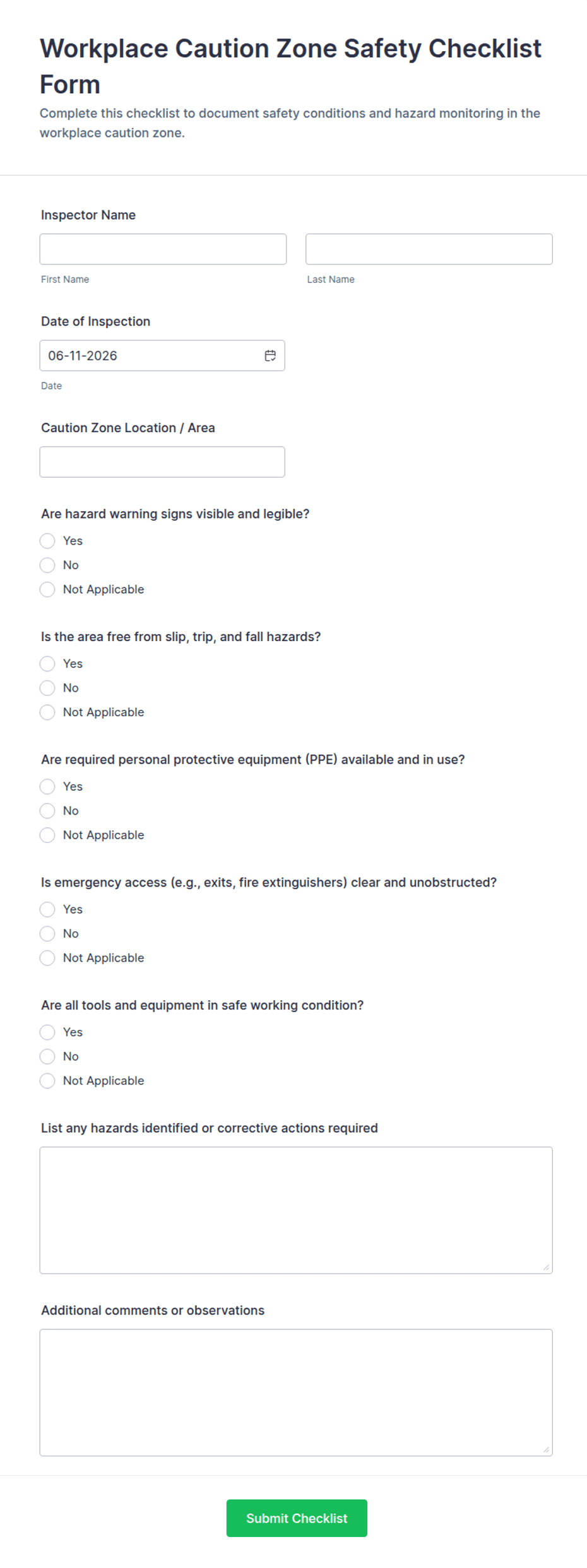 Workplace Caution Zone Safety Checklist Form Template | Jotform