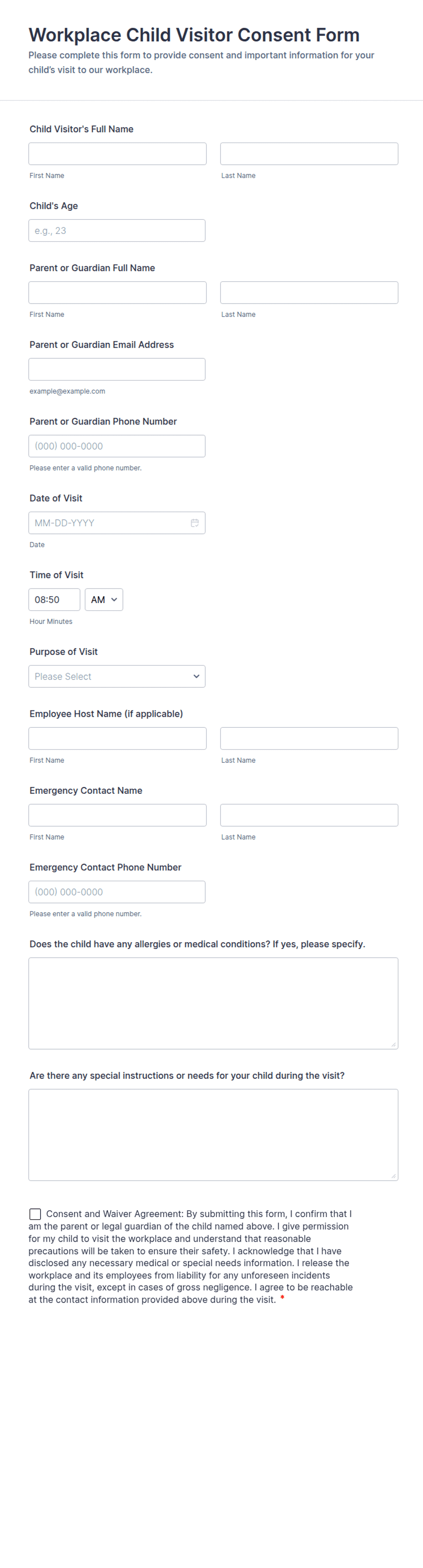 Workplace Child Visitor Consent Form Template | Jotform