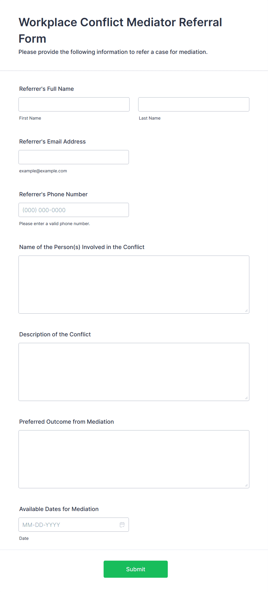 Workplace Conflict Mediator Referral Form Template | Jotform
