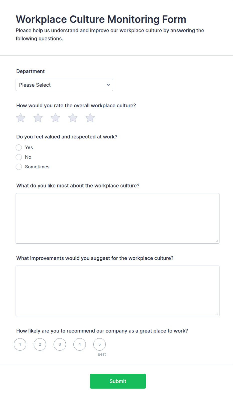 Workplace Culture Monitoring Form Template | Jotform