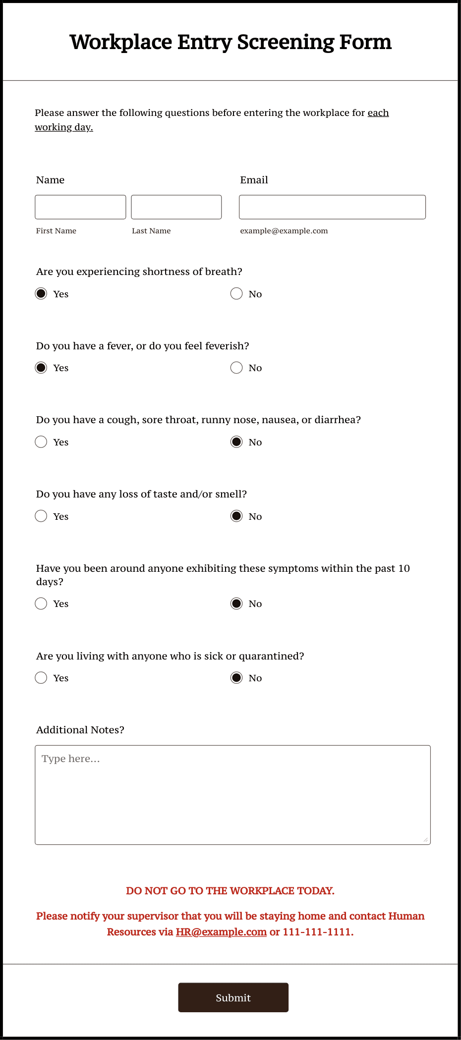 Workplace Entry Screening Form Template | Jotform
