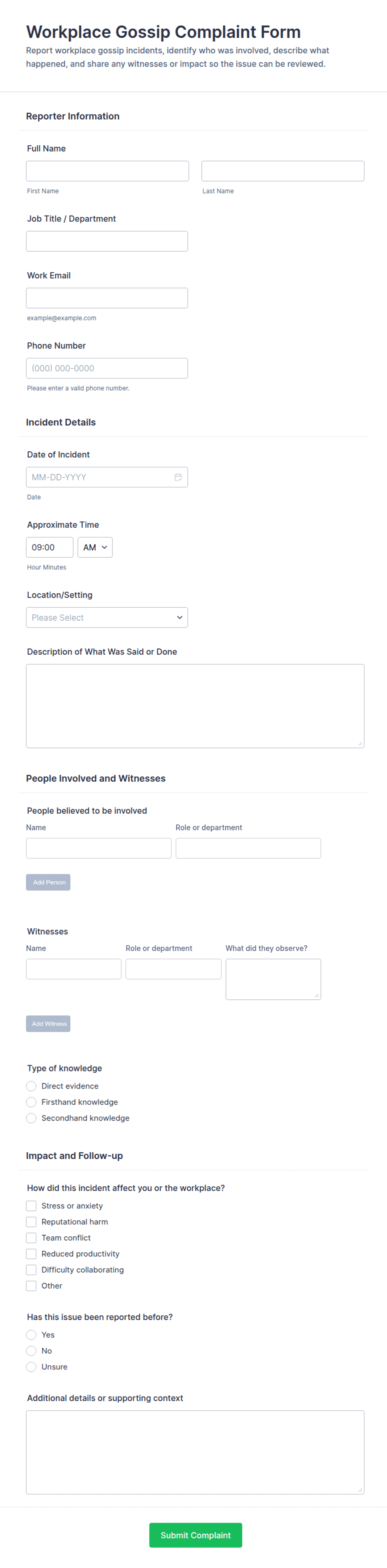 Workplace Gossip Complaint Form Template | Jotform