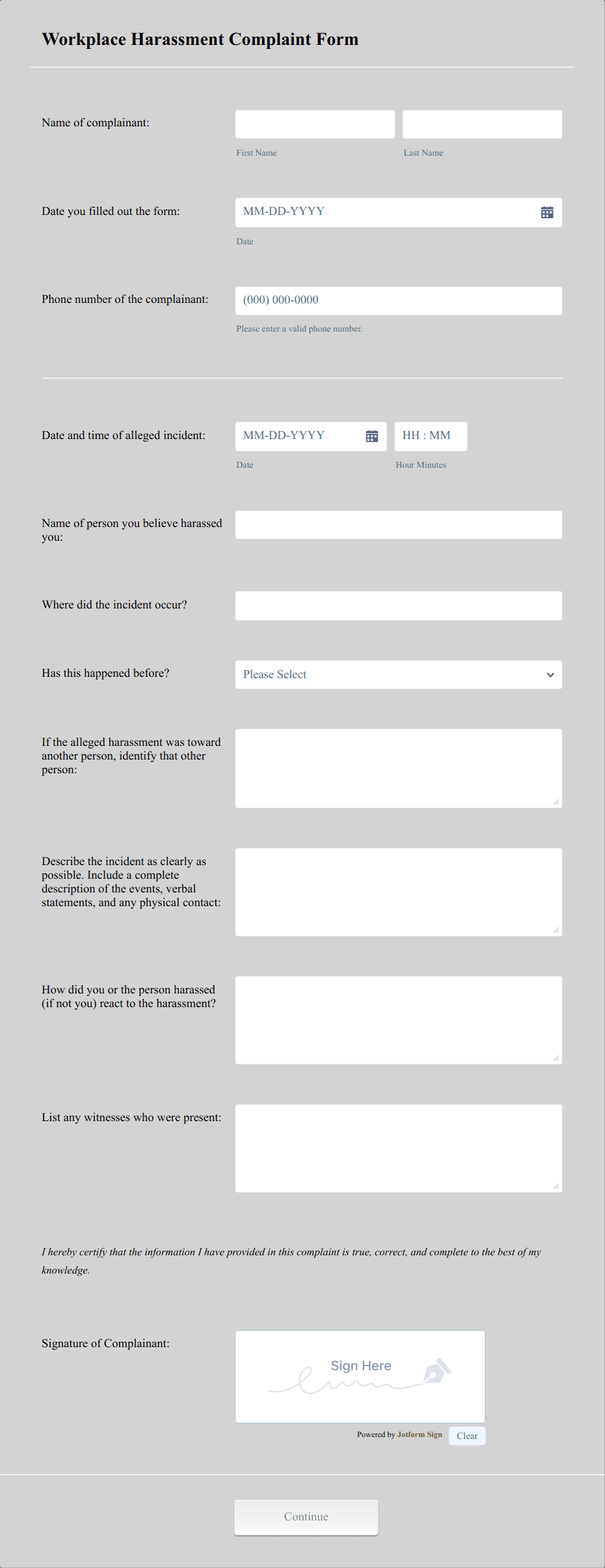 Workplace Harassment Complaint Form Form Template | Jotform