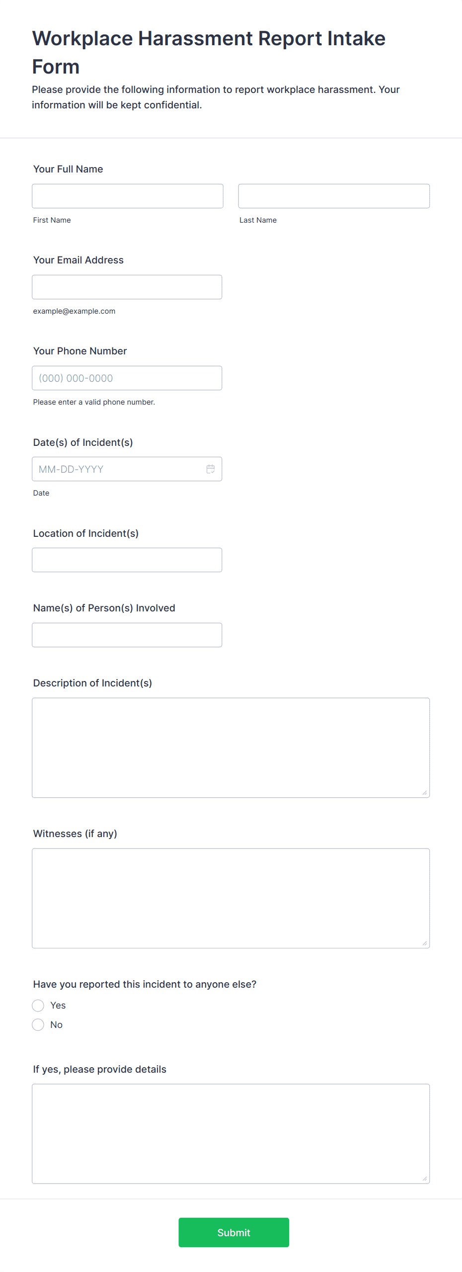 Workplace Harassment Report Intake Form Template | Jotform