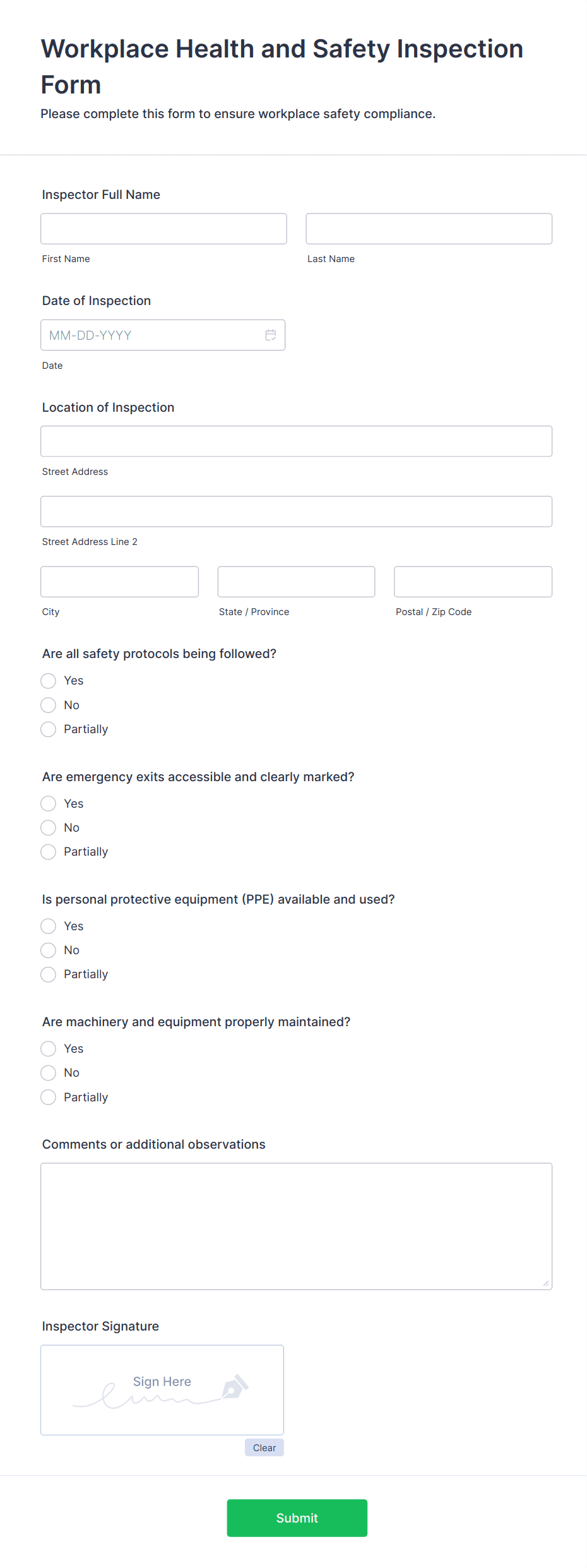 Workplace Health and Safety Inspection Form Template | Jotform