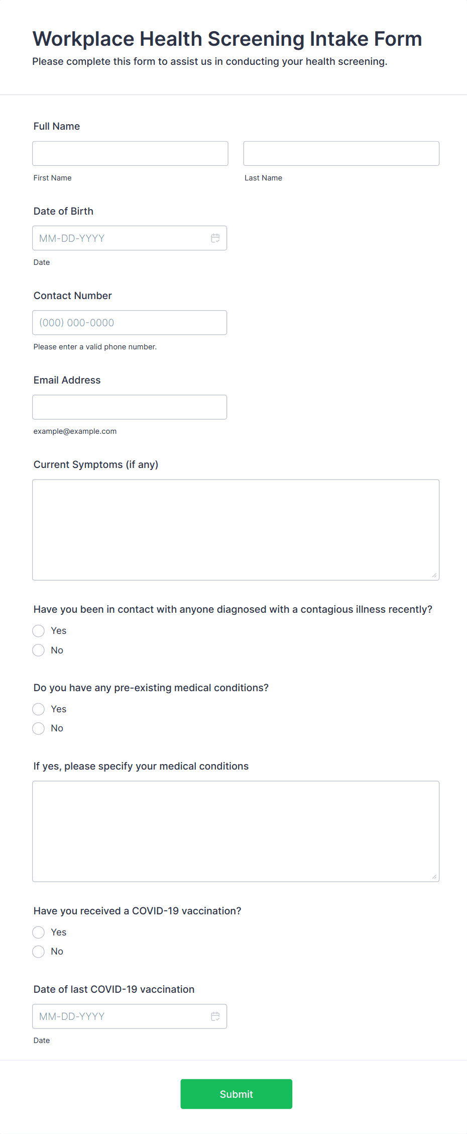 Workplace Health Screening Intake Form Template | Jotform